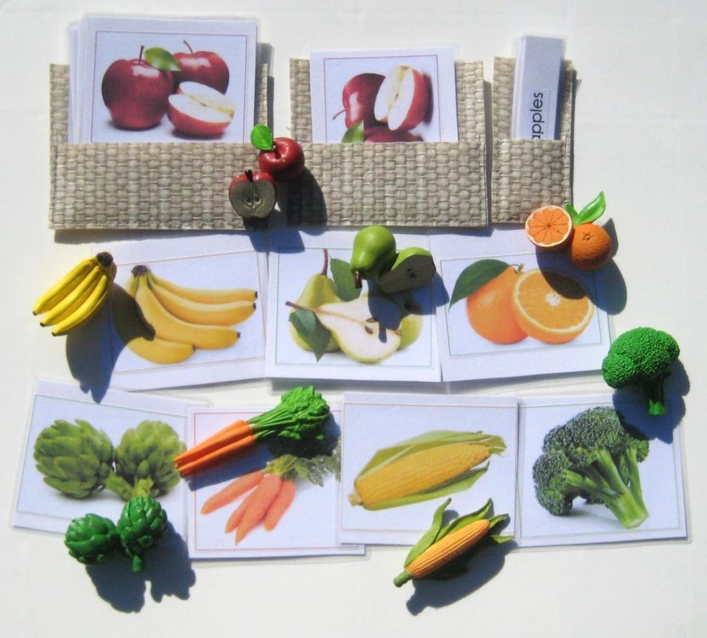 8 FRUIT & VEGETABLES and matching 3-part cards – Montessori Materials